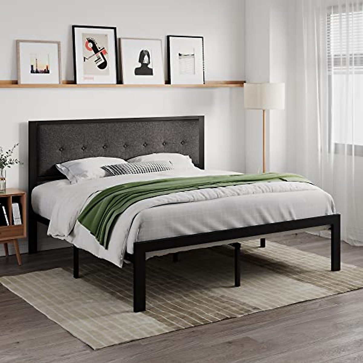 SHA CERLIN King Size Bed Frame with Upholstered Headboard, Platform Bed Frame with Metal Slats, Button Tufted Square Stitched Headboard, Noise Free, No Box Spring Needed, Easy Assembly, Dark Grey
