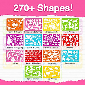 Mimtom Drawing Stencil Kit for Kids, 51 PC Art Set with 270+ Shapes, Sketch Pad, and Colored Pencils for Child's DIY Arts and Crafts, Draw with Princess, Fairies and Animal Stencils, Pink