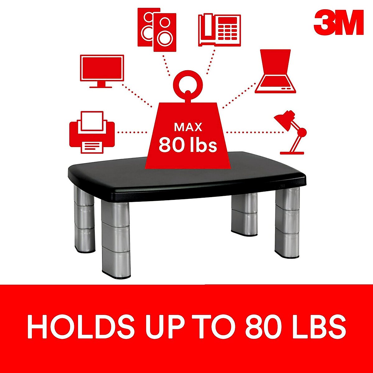3M Adjustable Monitor Stand Riser, Three Leg Segments Simply Adjust Height, Sturdy Platform Holds Up to 80 lbs for Monitors, Laptops, and Printers, Space for Storage Underneath, Silver/Black (MS80B)