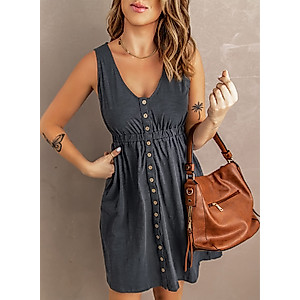 Acelitt Womens Ladies Casual Summer 2025 Fashion V Neck Sleeveless Button Down Dresses Elastic Waist Pleated Mini A-Line Swing Dress Gray Medium