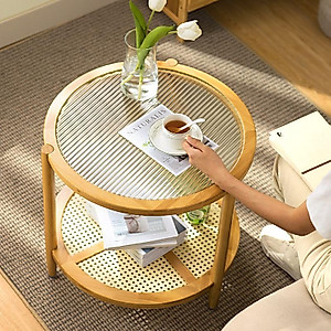 Gdrasuya10 Modern Bamboo Side Table End Table, 2 Tier Round Side Table with Rattan Shelf Glass Tabletop Accent Table Night Stand Bohemia Style for Living Room Balcony (22 inch)
