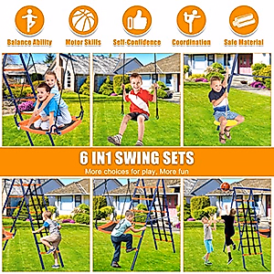 Swing Sets for Backyard 550 lbs - 6 in 1 Multifunction Kids Swing Set Outdoor Heavy Duty Extra Large Metal Swing Frame with 3 Adjustable Swing Climbing Net Climbing Ladder Basketball Hoop