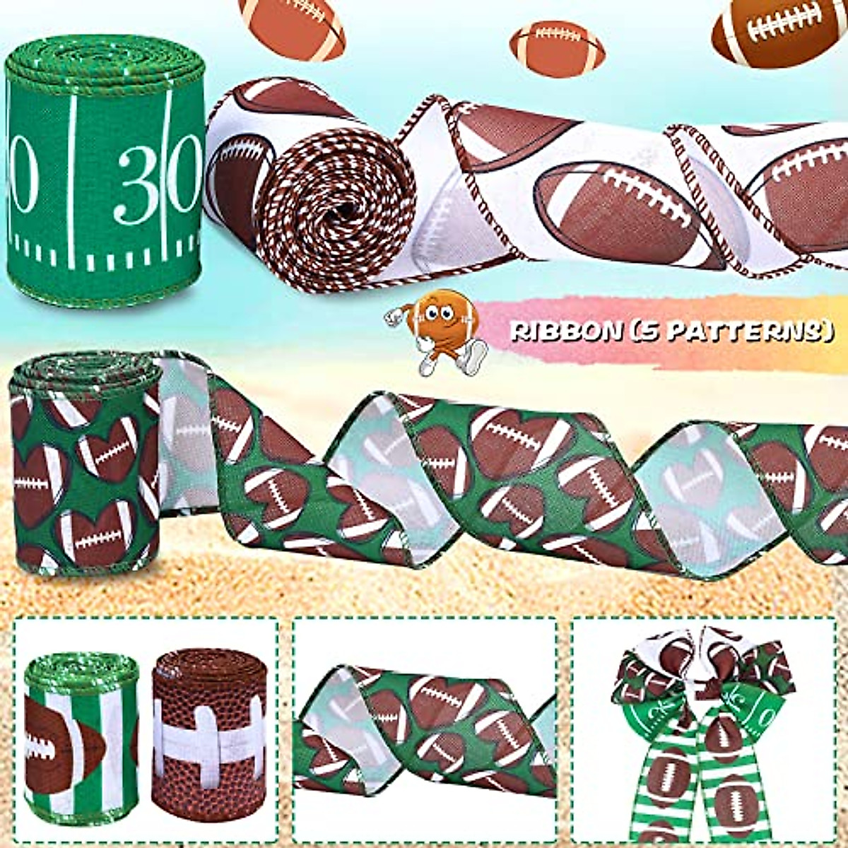 Kuscul 5 Rolls Football Wired Edge Ribbon 2.5 Inches x 25 Yard Rugby Ball Ribbon Sport Stitching Satin Wired Ribbon for Sport Team Party Decor Gift Wrapping Decor Hair Bow Sewing Wreath Crafts