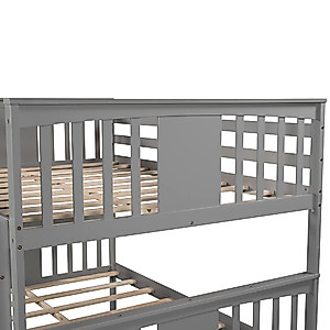 Harper & Bright Designs Full Over Full Bunk Bed with Trundle, Solid Wood Bunk Bed with Ladder for Bedroom, Guest Room Furniture – Gray