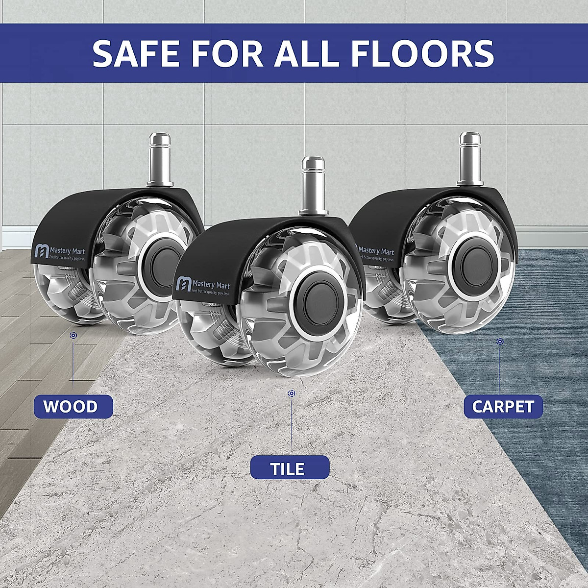 Mastery Mart Office Chair Caster Wheels for Hardwood Floors, Heavy Duty and Quiet Smooth Rollerblade Wheels for Office Chair, Universal Size (11x22mm), Suitable for Most Chairs