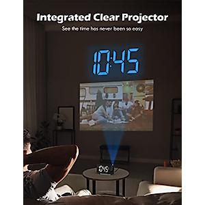 Projection Alarm Clock with FM Radio, USB Charging Port, 0-100% Dimmer, Dual Alarms, HD LED Display, 30 Preset Stations, Sleep Timer, 5 Alarm Sounds, Snooze, Curved Screen, Digital Clock for Bedroom