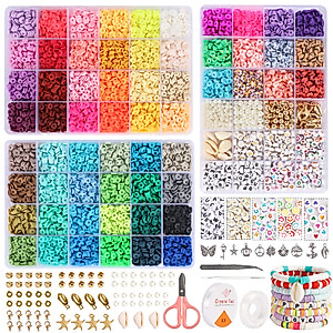QUEFE 13000pcs, 60 Colors, Clay Beads for Bracelet Making Kit, Flat Round Polymer Heishi Beads with Letter Beads for DIY Craft Gifts, Necklace Jewelry Making, Set for Girls 8-12