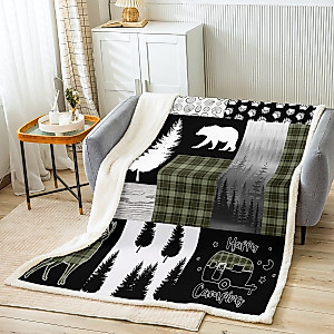 Hunting Deer Bear Blanket,Woodland Animals Rustic Cabin Throw Blanket for Boys Girls,Green Buffalo Plaid Patchwork Fleece Blanket RV Camping Decor,Farmhouse Pine Tree Footprint Fuzzy Blanket 60"x80"