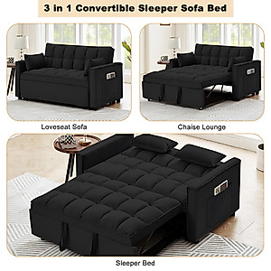 Suheww Black Pull Out Sofa Bed, 3 in 1 Convertible Small Couch for Bedroom,2 Seater Sofa Cama with Adjustable Backrest Velvet Futon Chaise Lounge for Small Spaces Living Room Office