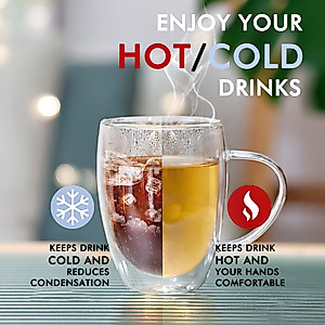 JNSMFC Double Walled Glass Coffee Mugs with Handle,4-Pack 8oz Insulated Glass Coffee Mugs Set,Clear Glass Coffee Cups for Espresso, Latte, Cappuccino,Wine,Tea Bag, Hot Beverage(Extra Spoons)