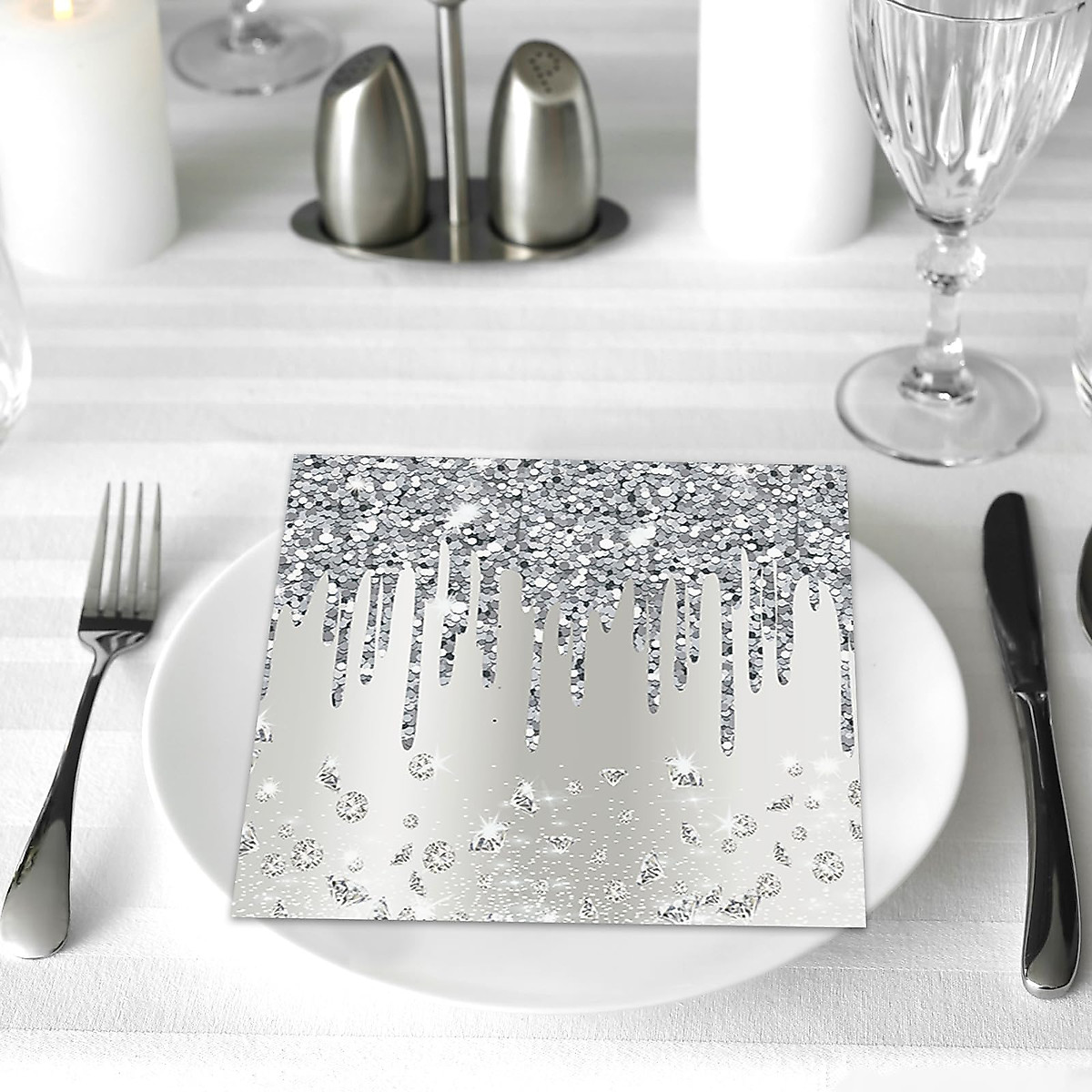 50PCS Silver Party Paper Napkins Silver Happy Birthday Napkins Supplies Silver Glitter Party Napkins Decorations Diamond Theme Party Napkins for Adults Kids Birthday Wedding Bridal Shower Party Favors