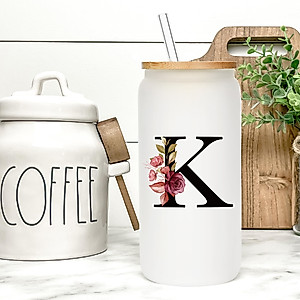 Personalized Gifts for Women, Monogrammed Frosted Glass Tumbler with Straw and Lid, Cute Customized Mug, Custom Initial Iced Coffee Glasses, Customizable Drinking Cup, Birthday Teacher Woman, M