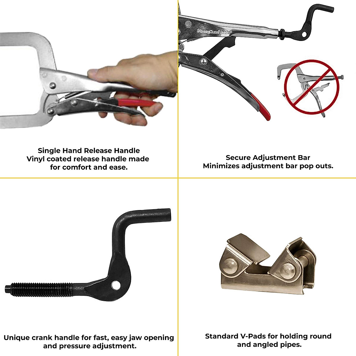 Strong Hand Tools PG622V 6" Pipe Plier, Two Fixed V-Pads, 2" Throat Depth, 1"–2" Clamping Capacity, M8 Thread