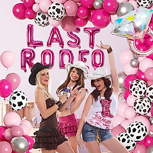 Cowgirl Pink Balloons Arch Garland Kit, 131Pcs Hot Pink Silver Cow Print Last Rodeo Diamond Foil Balloon for Western Disco Cowgirl Birthday Party Bachelorette Baby Bridal Shower Wedding Decorations