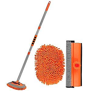 GES 62'' Car Wash Mop Mitt with Long Handle, 3 in 1 Chenille Microfiber Car Wash Brush Extension Pole, Scratch Cleaning Tool for Car, Truck, RV, Total 1 Pcs Mop Head and 1Pcs Drying Squeegee Sponge