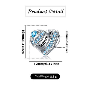 925 Sterling Silver Heart Charms for Charms Bracelet-Birthstone Bead Charms Fit For Pandora Bracelets and Necklaces, March Birthstone Jewelry For Women. (March)