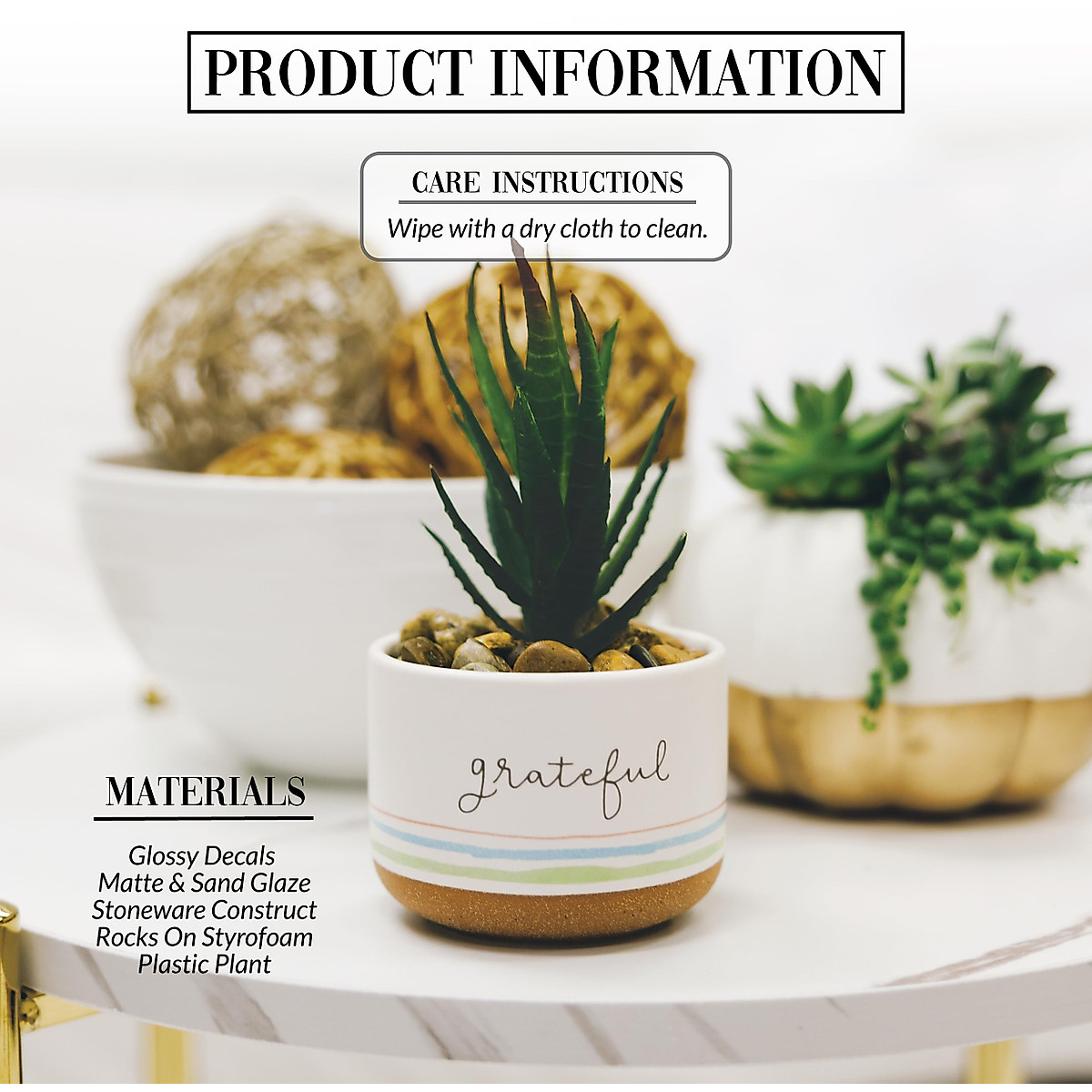 Pavilion Gift Company - Grateful - Artificial Plant with Stones, Mini Fake Aloe Plant, 1 Count (Pack of 1), 3.5” x 3.5” x 6.25” Overall in Size