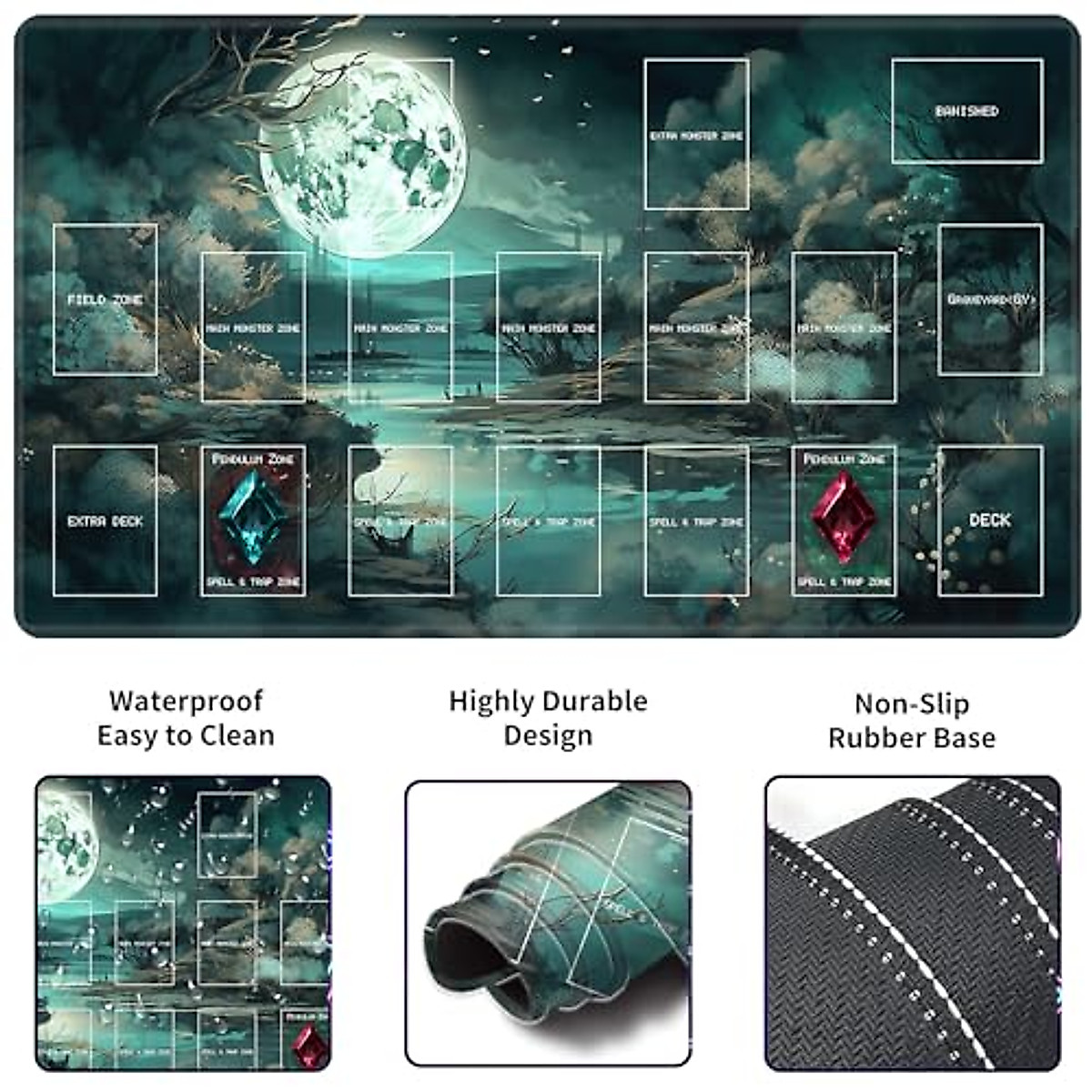 Playmat for OCG, Game Play Mat for TCG CCG 24 x 14 inch with Non-Slip Rubber Base and Stitched for Board Games and Table Magic, Moon and River at Night