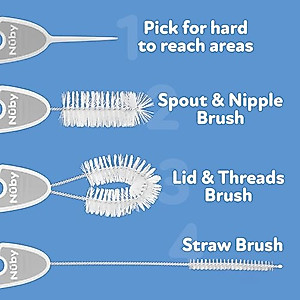Nuby Bottle and Cup All Around Cleaning Brush Set, Cleans Straw, Spout, Nipple, Lids, and Hard to Reach Areas