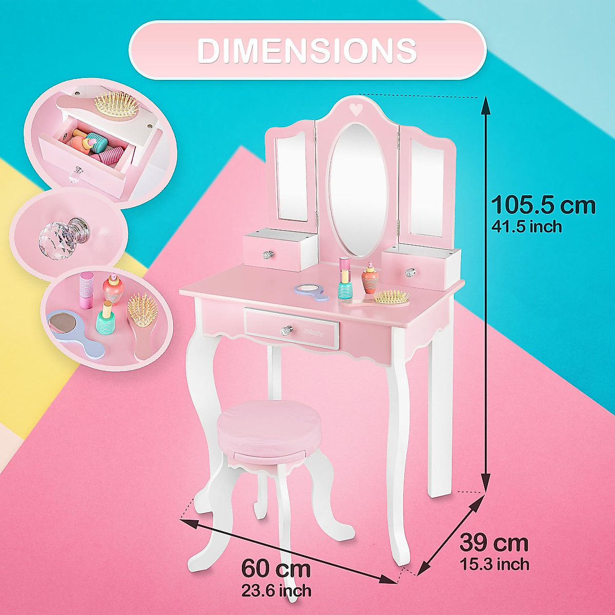Green series Kinderplay | Kids Vanity - Little Girls Vanity Set with Mirror and Stool | Vanity for Girls | Kids Vanity Set with Mirror Age 4-9 | Vanity Kids Makeup | Pink GS3300