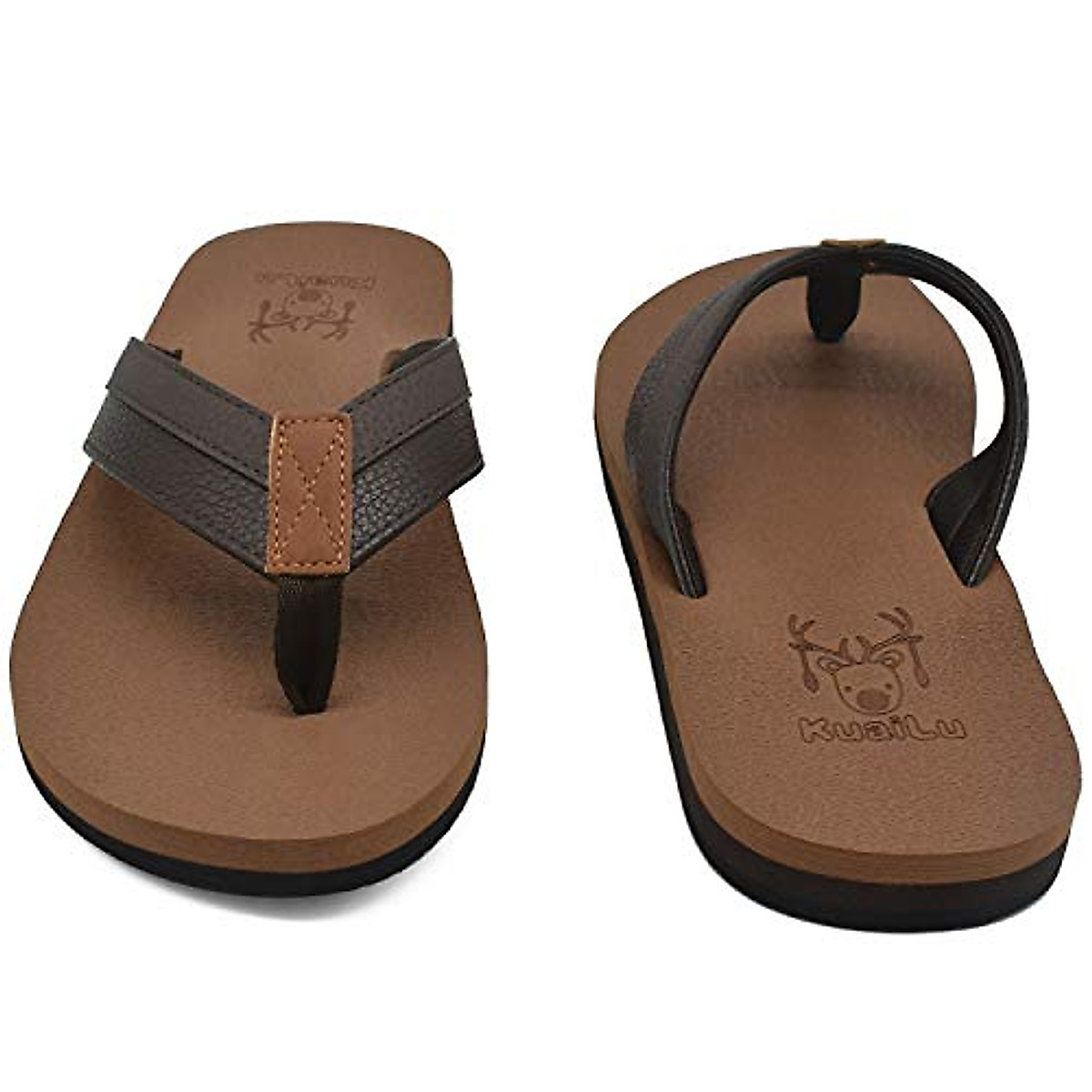 KuaiLu Men's Yoga Mat Leather Flip Flops Thong Sandals with Arch Support Khaki size 11