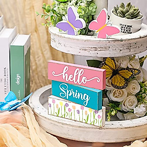 5 Pcs Hello Spring Tiered Tray Decorations Rustic Spring Table Decor Farmhouse Spring Decorations for Home Spring Wood Sign Hello Spring Table Centerpiece Standing Decor for Shelf Tabletop Fireplace
