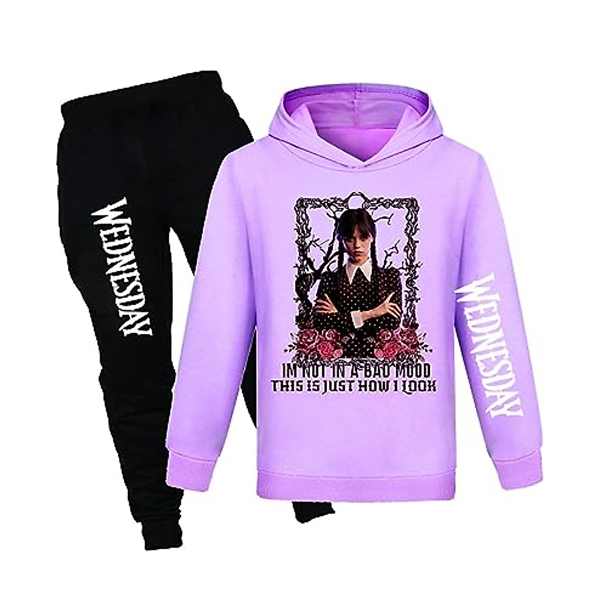 Zgekmby Girls Tracksuit Set Addams Family Wednesday Hoodies Casual 2Pcs Clothes Set Kids Sweatshirts Fashion Long Pullover (7-8 Years, Purple)
