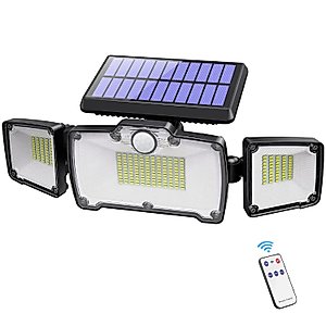BAILABA Solar Outdoor Lights, 218 LED 2800LM Flood Lights with Remote Control, 3 Heads Solar Security Outdoor Lights, IP67 Waterproof, 270° Wide Angle Illumination Motion Sensor Lights with 3 Modes