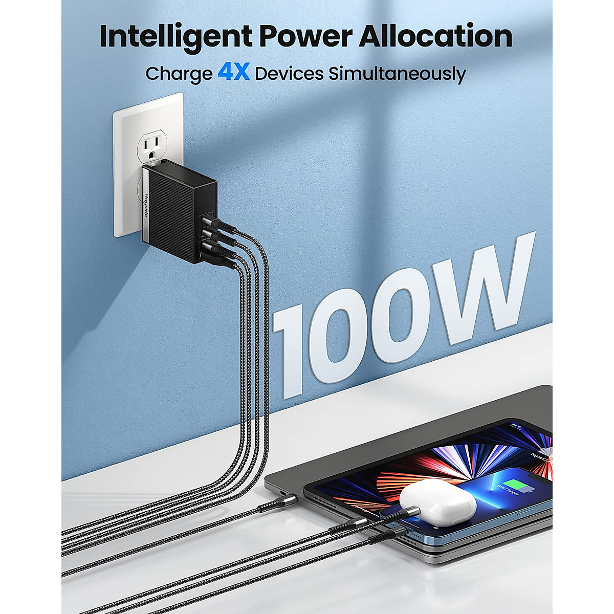 100W USB C Charger, Haycide 4 Port GaN Fast Wall Charger Adapter, Type C PD Charging Station Compatible with iPhone 13/13 pro max, MacBook Pro/Air, iPad, Laptop, Dell XPS, Samsung, and More