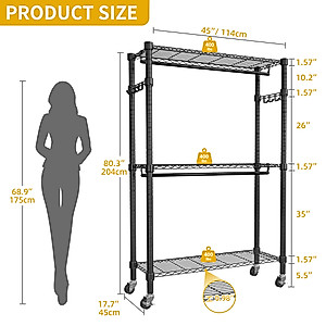 DWVO Rolling Clothes Rack with Wheels, Heavy Duty Garment Rack with 3 Tiers Adjustable Wire Shelving, Portable Clothing Rack for Cloakroom Bedroom Laundry Storage Organizer, Black