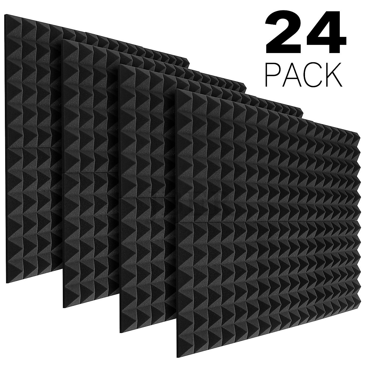 JBER Acoustic Sound Foam Panels, 24 Pack 2" X 12" X 12" Charcoal Soundproofing Treatment Studio Wall Padding Sound Absorbing Fireproof Pyramid