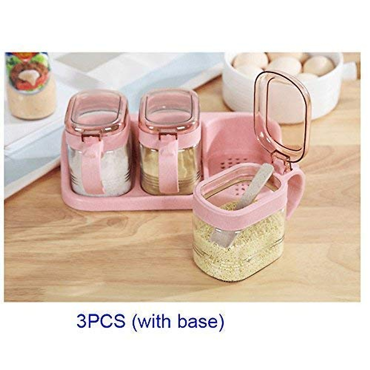 OUTOS Glass Transparent Spice Jar Seasoning Box Set Kitchen Container Tools Condiment Jars Cruet with Cover and Spoon Kitchen Utensils Supplies Salt Cellar with Lid (Pink, 3)(with base)