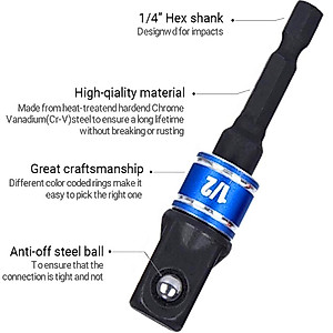 Impact Grade Power Hand Tools Driver Sockets Adapter Extension Set, 3Pcs 1/4 3/8 1/2" Hex Shank Drill Nut Driver Bit Set + 105 Degree Right Angle Driver Extension Screwdriver Drill Attachment