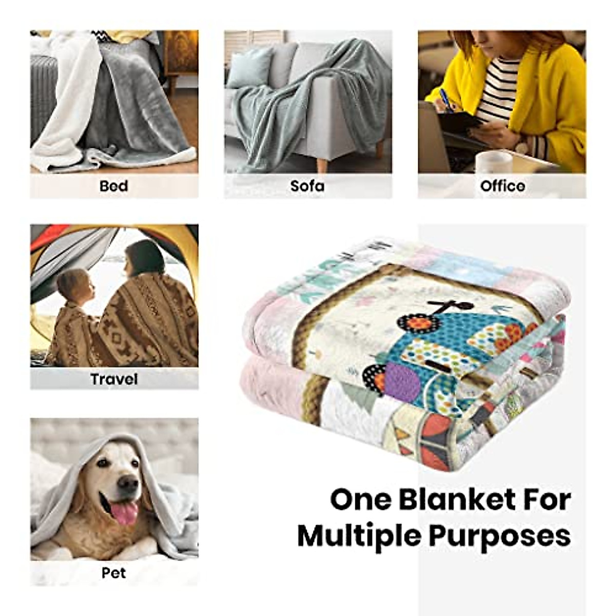 Happy Camper Decor Blanket Camping Bus Throw Blanket Soft Warm Camp Bedding for Adults Teens Couch Sofa 50" X 60" Yellow