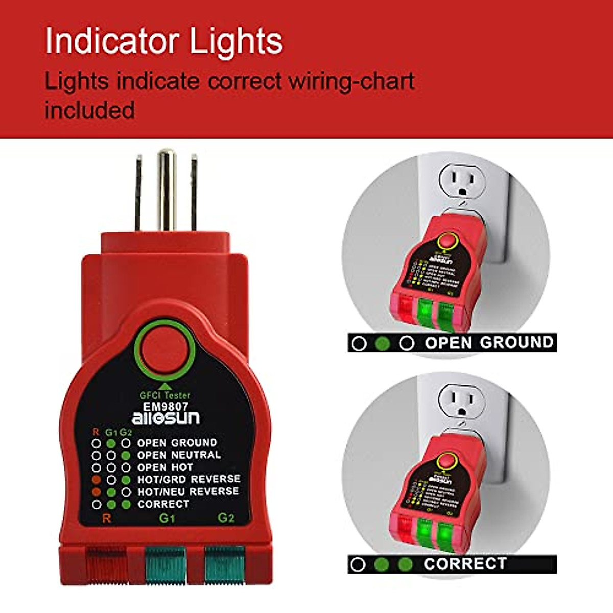 allsun GFCI Outlet Tester AC Electrical Outlet Receptacles Socket Tester 125V~60Hz Power Socket Electric Circuit Polarity Voltage Detector Circuit Analyzer Wall Plug Breaker Finder(EM9807)