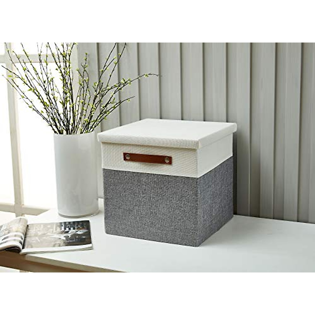 DECOMOMO Cube Storage Bins | Fabric Storage Cubes with Lid Closet Organizer Cubby Bins for Shelves Cloth Nursery Decorative Basket with Handles (Grey and White, 13 x 13 x 13 inch)