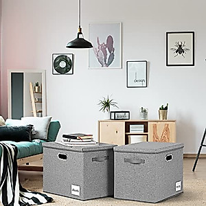 LHZK Extra Large Storage Bins with Lids 16x12x12 Foldable Linen Fabric Storage Boxes with Lids, Decorative Fabric Storage Bins with Label & 3 Handles for Shelves Bedroom Home Office (Grey, 2-Pack)