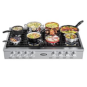 KoolMore KM-HGRT48-SS 48 Inch Natural Gas Range-Top with 8 Sealed Italian, Stainless-Steel Stovetop Knobs, Edge Cast Iron Cooking Grates, Electronic Ignition, 48" (8 Burners), Silver