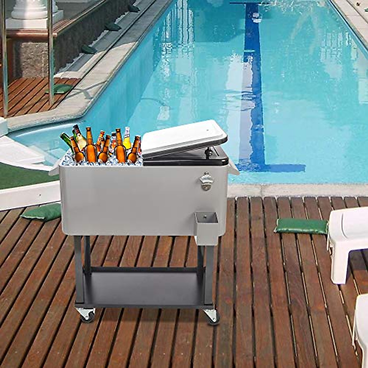 SSLine Portable Rolling Patio Cooler Ice Chest with Wheels Outdoor Cold Drink Beverage Bar Cart with Storage Shelf & Bottle Opener Home Deck Backyard Party Cooler Tub Trolley Cart -Grey