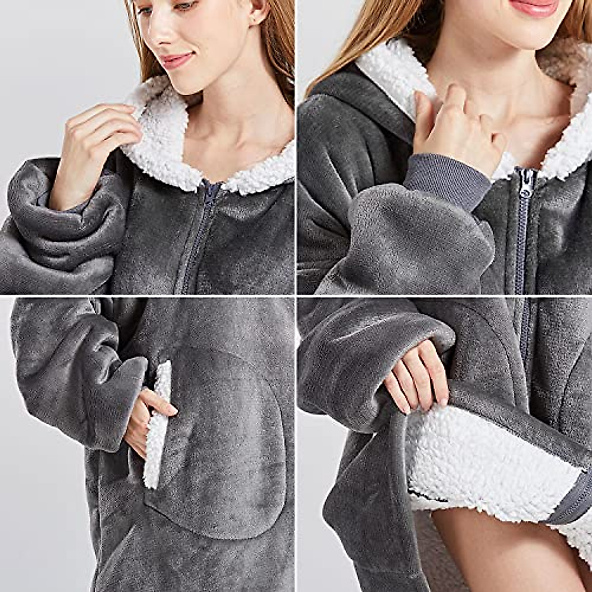 FAYBOX Wearable Blanket Hoodie with Zip for Women Men, Fuzzy Warm Sherpa Comfy Oversized Hoodie Blanket Plush Sweatshirt with Giant Pocket One Size Fits All-Dark Grey