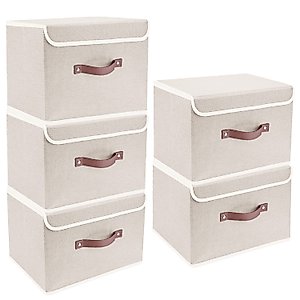 TYEERS Foldable Storage Boxes with Lids 5 Pack Fabric Storage Bins with Lids, Closet Organizers for Clothes Storage, Room Organization, Office Storage, Toys - Beige