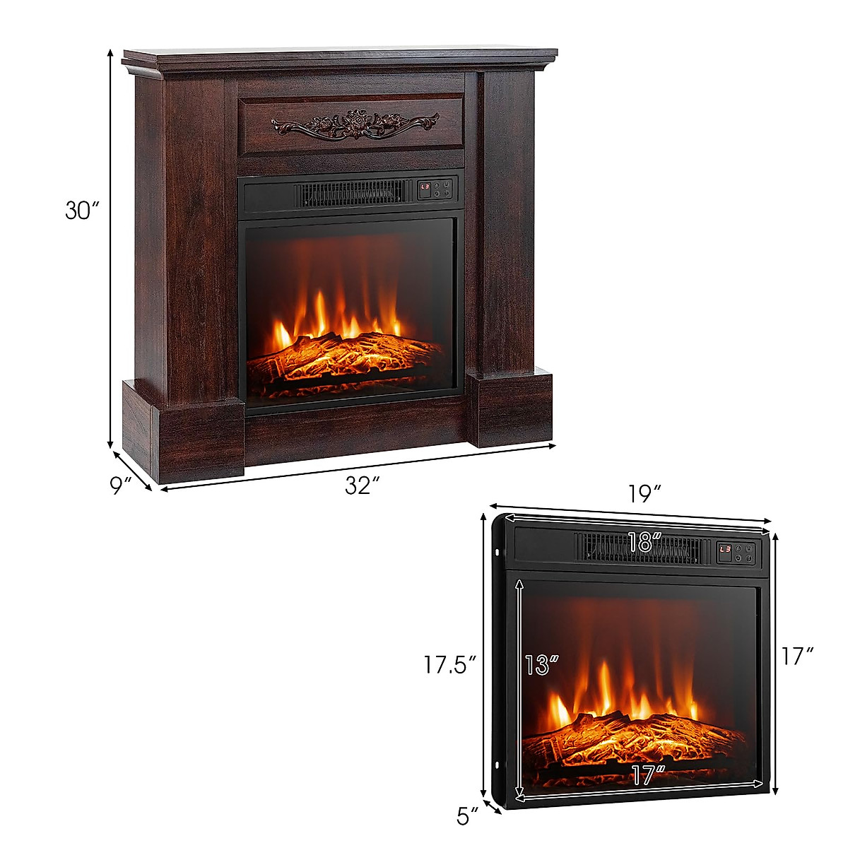 SIMOE 32" Electric Fireplace with Mantel,Package Freestanding Fireplace Heater with Remote Control & Overheat Protection & Adjustable Flame,Indoor Fireplace Mantel for Living Room,Bedroom,Brown