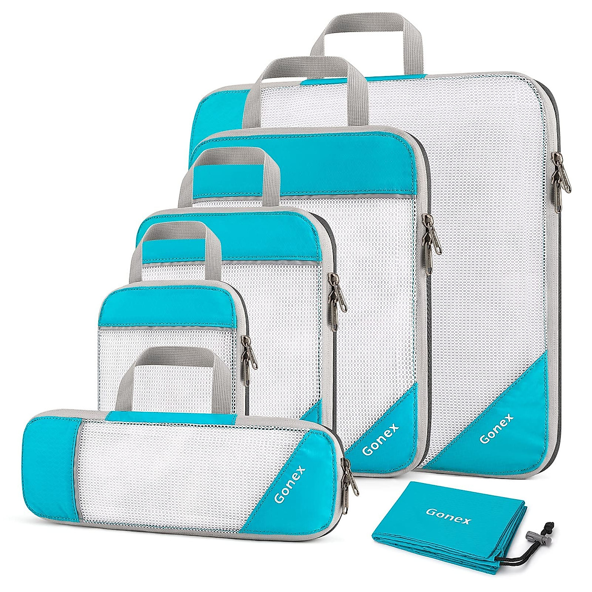 Gonex Compression Packing Cubes Mesh Organizers L+M+S+XS+Slim+Laundry Bag Blue
