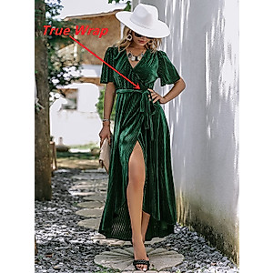 BerryGo Women's Semi Formal Velvet Wrap Dress Prom Cocktail Short Sleeve Swing Long Maxi Dress Emerald Green S