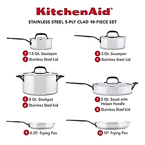 KitchenAid 5-Ply Clad Stainless Steel Cookware Pots and Pans Set, 10 Piece, Polished Stainless