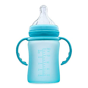Hamarue 3-in-1 Glass Sippy Cups for Toddlers | Silicone Coated Glass Baby Bottles | Non-Toxic Transition Cup for Baby with Removeable Handles | Baby Straw Cup NB+, 3M, 6M, 12M (Teal, 5 oz)