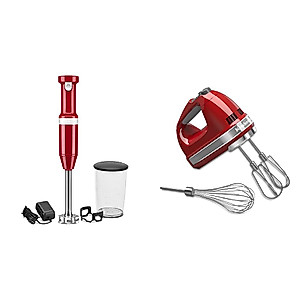 KitchenAid Cordless Variable Speed Hand Blender - KHBBV53 & KHM7210ER 7-Speed Digital Hand Mixer with Turbo Beater II Accessories and Pro Whisk - Empire Red