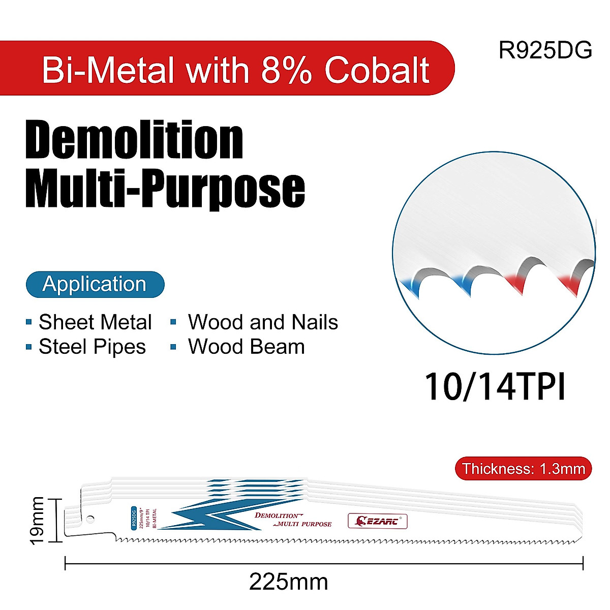 EZARC Reciprocating Saw Blade Bi-Metal Cobalt Sabre Saw Blades for Multi-Purpose 9-Inch 10/14TPI R925DG (5-Pack)