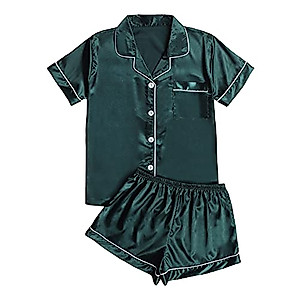 DIDK Women's Sleepwear Satin Short Sleeve Button Front 2 Piece Pajama Set Dark Green L