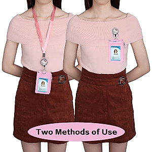 【2024Latest】Cute ID Badge Holder Retractable Lanyard Reel Clip with Heavy Duty Carabiner,5 Card Slots in2 Sided with Key Ring and Zipper for Students Teens Boys Girls Office Staff Women (01 Pink CatA)